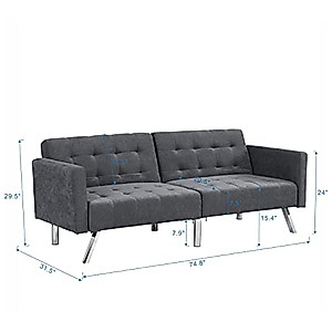 75"Convertible Folding Futon Sofa Bed,Split Back Design,Modern Fabric Sleeper Couch Bed with Armrest and Chrome Legs,Upholstered Recliner Loveseat for Living Room Apartment Dorms Office (Dark Grey)
