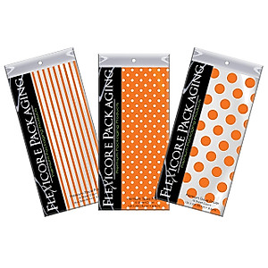 Flexicore Packaging | Pin Stripe & Polka Dot Gift Wrap Tissue Paper | Size: 15 Inch X 20 Inch | Count: 30 Sheets | Color: Orange | DIY Craft, Art, Wrapping, Decorations