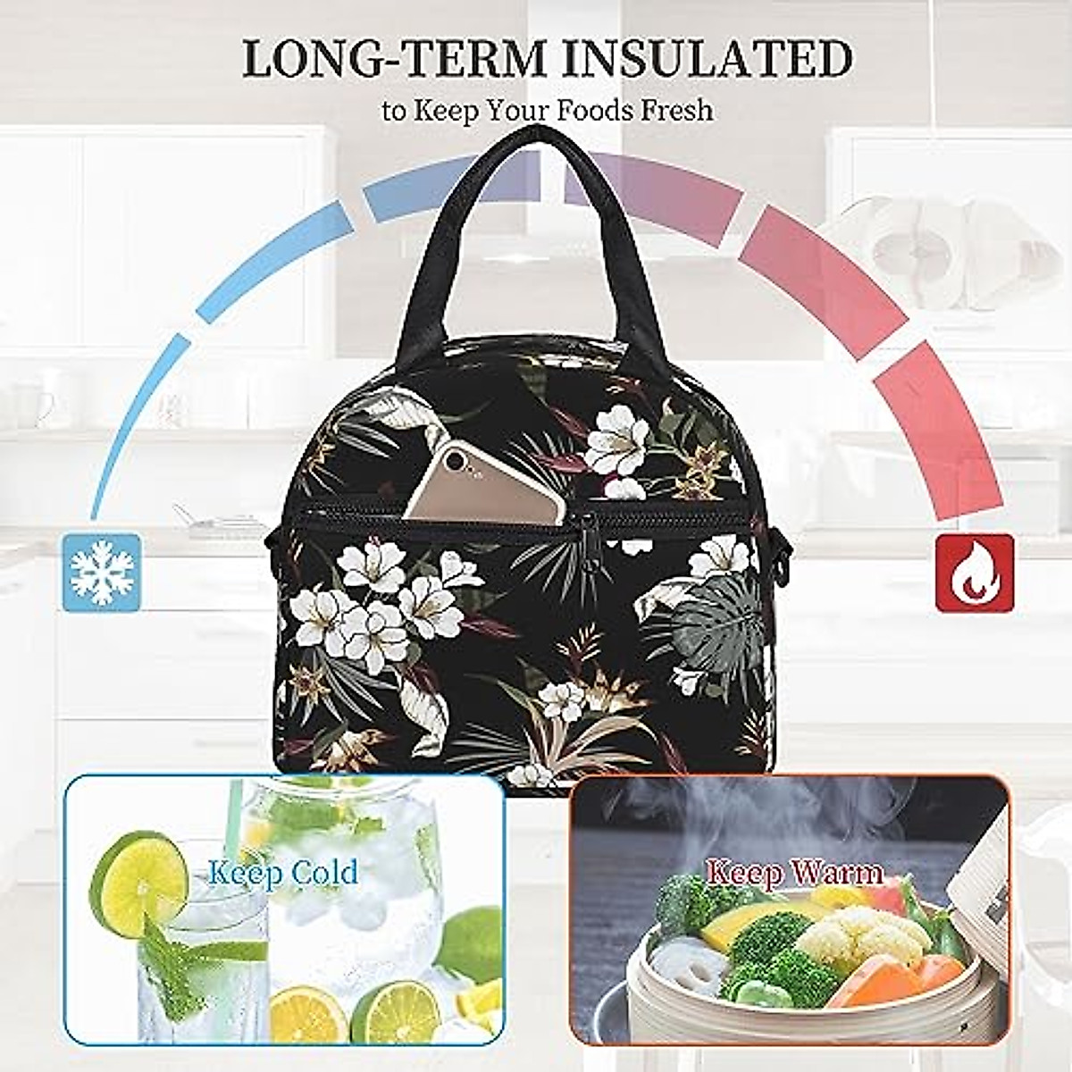 GAMSJM Hibiscus Insulated Lunch Bags for Women Men - Large Reusable Lunch Tote with Adjustable Shoulder Belt -Waterproof White Flower Lunch Box Cooler Bag for Adult/Kids