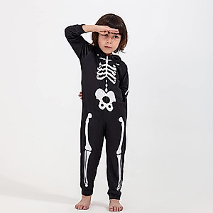 Family Halloween Skeleton Pajamas Funny Zipper Hooded Jumpsuit Matching Family Pjs Sleepwear (Women, Medium)