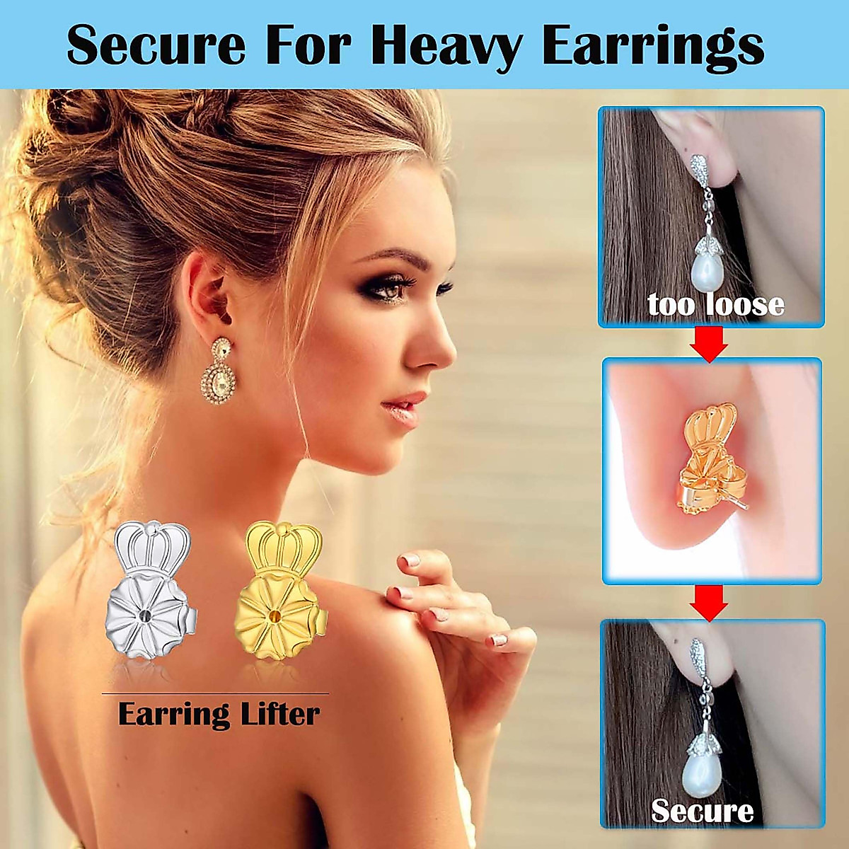 3 Pairs Earring Backs Lifters,925 Sterling Silver Earring Backs for Droopy Ears,Adjustable Hypoallergenic Earring Backs for Heavy Earring (Silver)