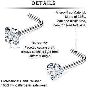Kridzisw 18G Nose Rings Studs Piercing Jewelry for Women Stainless Surgical Steel Diamond Hypoallergenic Straight Stud Nose Nostril Ring Pin Bone Piercing Jewelry Pack Set for Women Men CZ Silver 3mm