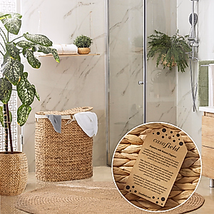 Casafield Oval Laundry Hamper with Lids and Removable Liner Bags - Natural, Woven Water Hyacinth 2-Section Laundry Basket Sorter for Clothes and Towels