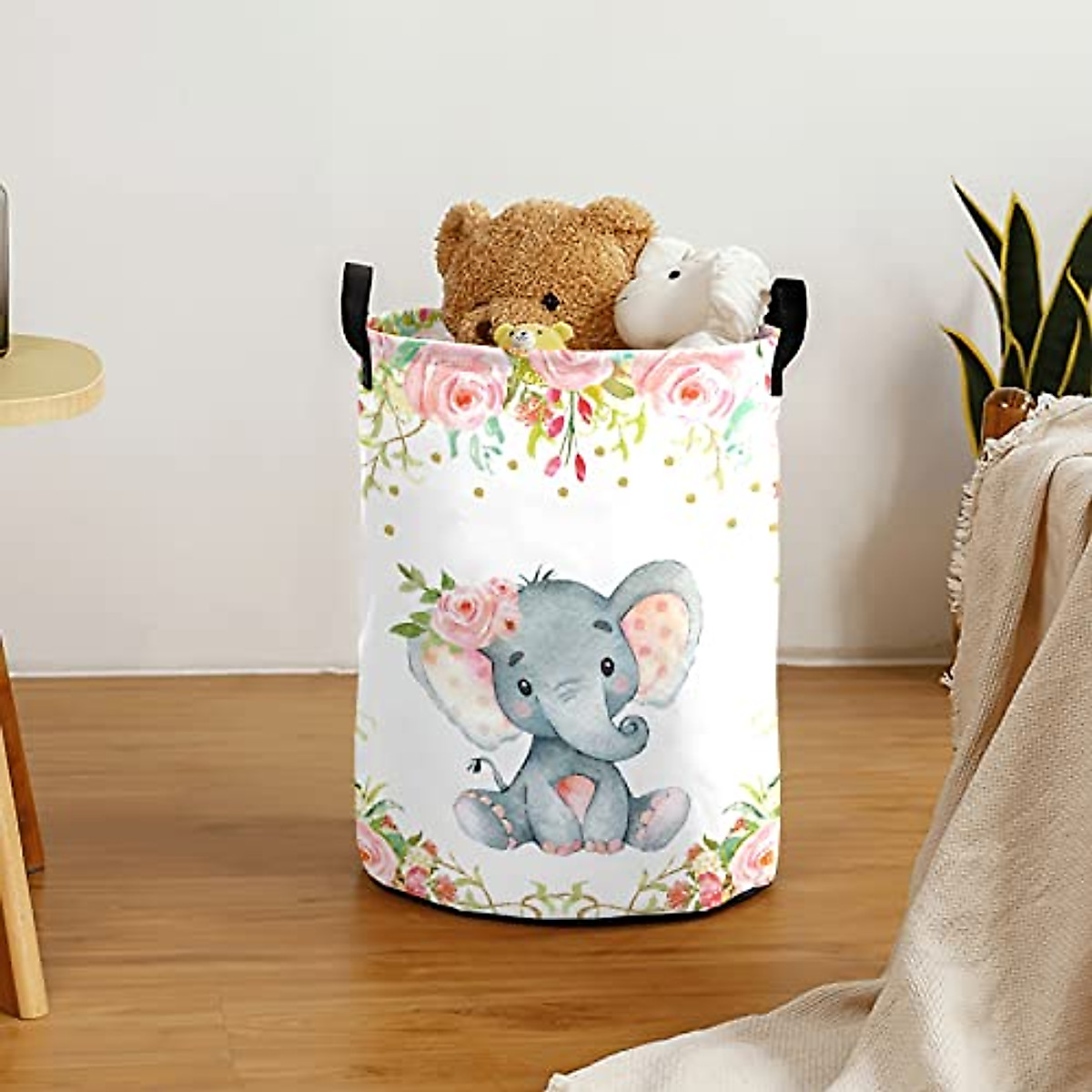 Floral Elephant Laundry Baskets With Name Text Bedroom Hamper Kitchen Organization Collapsible Storage Basket Clothes Hamper Organizer