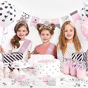 Birthday Princess Headband and Sash Set for Girls - Rhinestone Princess Tiara and Glitter Birthday Girl Crown - Perfect Birthday Gifts and Accessories for Women (Gold and Pink)