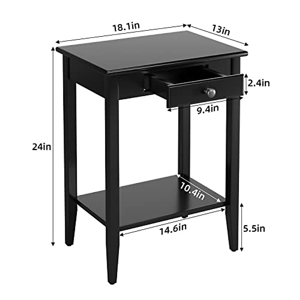 IDEALHOUSE Black End Table with Drawer, Side Table for Living Room Bedroom, Wood Nightstand with Shelf, 2-Tier Storage Bedside Table Accent Table Small Table for Small Places