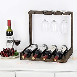 NANANARDOSO Wine Rack, Rustic Wood Wine Storage Shelf with Glass Holder Tabletop Wine Bottle Holder Organizer for Kitchen Cabinet Pantry (Rustic Brown, 4-Slot)