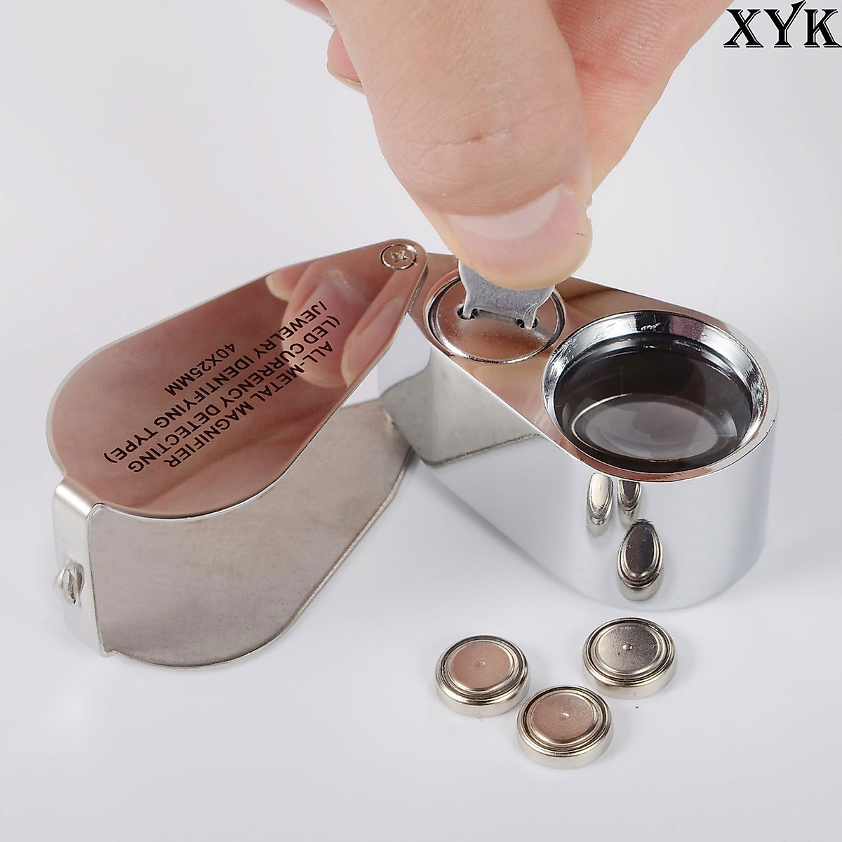 40X Full Metal Illuminated Jewelry Loop Magnifier, XYK Pocket Folding Magnifying Glass Jewelers Eye Loupe with LED(LED Currency Detecting/Jewelry Identifying)