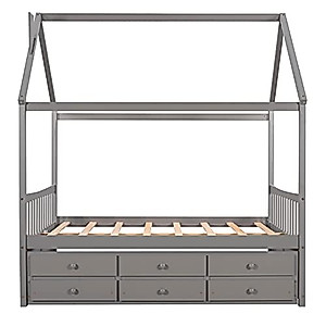 BIADNBZ Full Size House Bed Frame with Trundle, Storage Drawers and Roof for Kids Girls Boys Bedroom, Gray