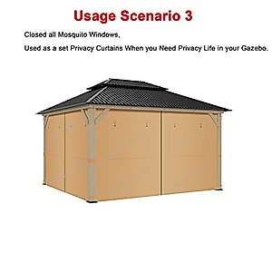 Garden Sunny 10'x10' Gazebo Universal Replacement Privacy Curtains with Mosquito Windows - Closable Screen with Zipper 2 in 1 Design 4-Panels Protecting Shade Set (Only Sidewasll and Netting)- Khaki