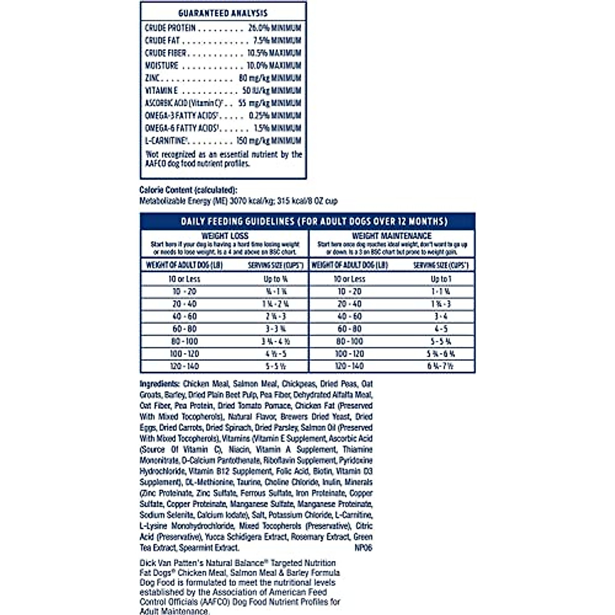 Natural Balance Fat Dogs Low Calorie Chicken Meal Salmon Meal, Garbanzo Beans, Peas & Oatmeal Adult Low-Calorie Dry Dog Food for Overweight Dogs