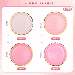 AimFun Pink Scalloped Party Plates Gold Foil Border Paper Plates Disposable 9inch Gradient Pink Plates for Pink Bow Birthday Coquette Bridal Baby Shower Party Supplies (24, Pink)