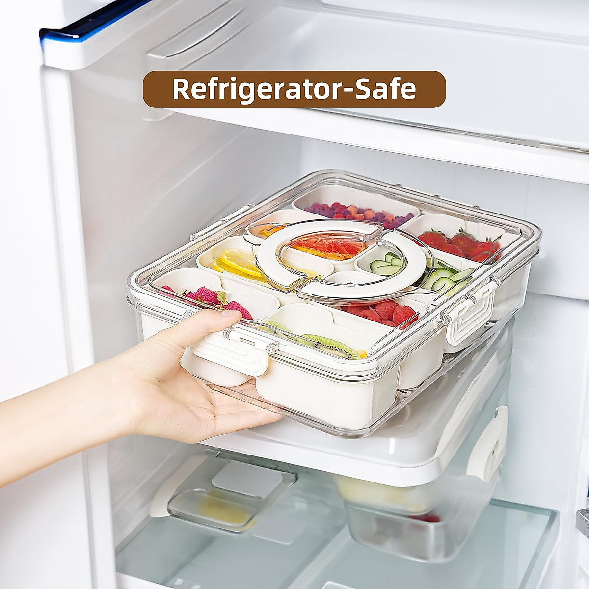 Snackle Box Charcuterie Container- Divided Serving Tray with Lid and Handle- Clear Plastic Portable Snack Box with 8 Compartment for Fruit, Veggie, Candy, Nuts, Picnic, Travel, Entertaining, Party…