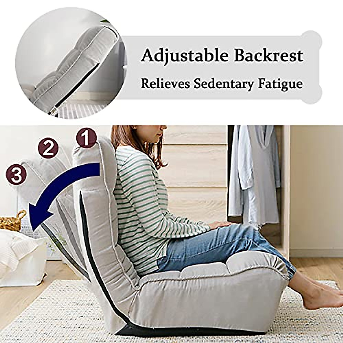 Indoor Chaise Lounge Chair, 3 Angles Adjustable Floor Chair, Folding Lazy Sofa Couch for Teens and Adults, Cushion Padded Comfy Chair for Living Room and Bedroom (Light Grey)