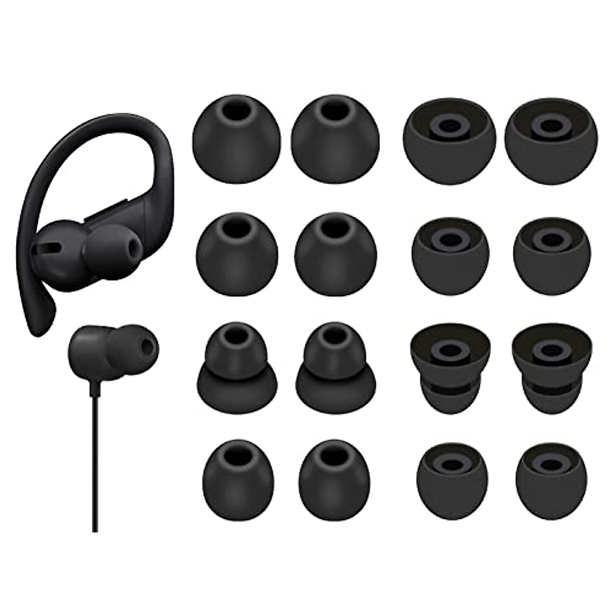 8 Pairs Powerbeats Pro Ear Tips Buds, 4 Size Replacement Soft Flexible Fit in Case Noise Reduce Silicone Rubber Gel Earbuds Eartips Wing Skin Accessories Compatible with Beats Flex/BeatsX - Black