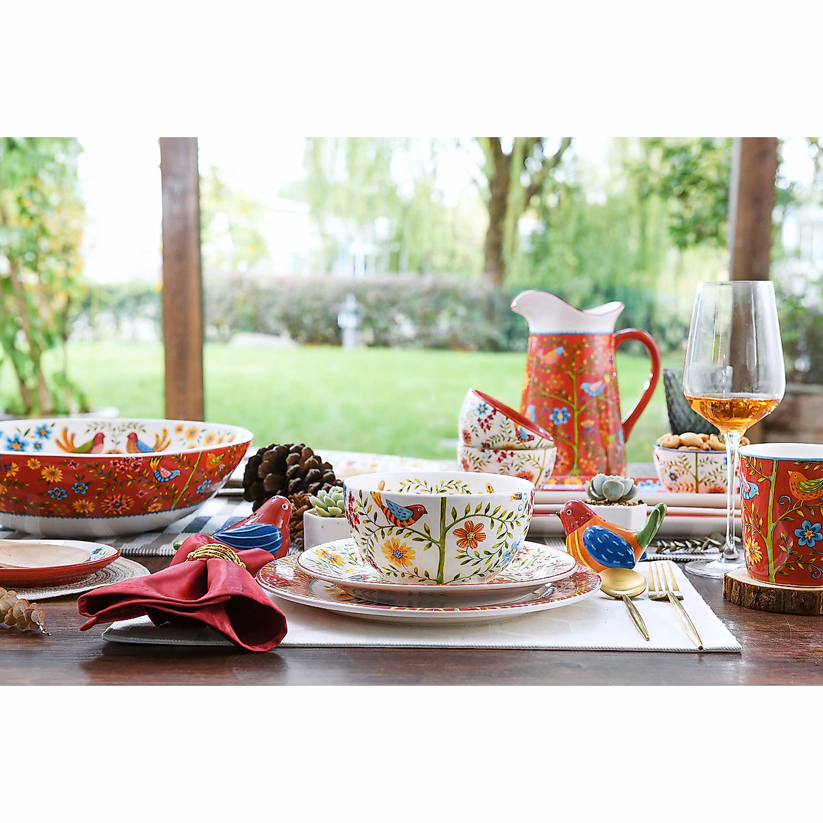 Bico Red Spring Bird Ceramic Pasta Bowl, Set of 9(1 unit 214oz, 8 units 35oz), for Pasta, Salad, Microwave & Dishwasher Safe