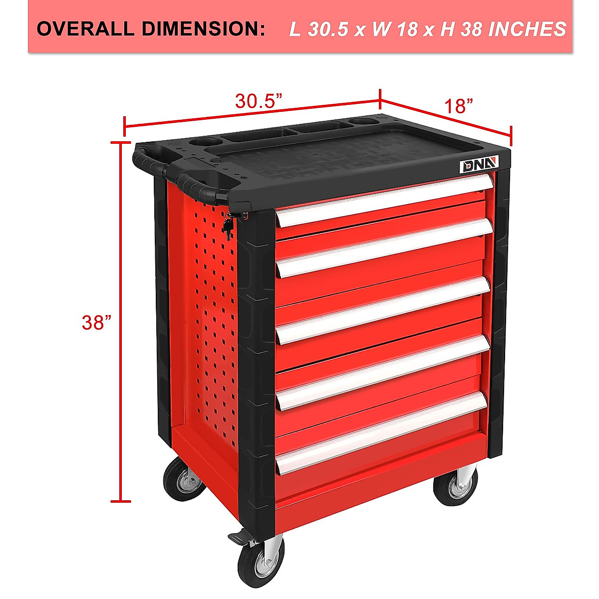 DNA MOTORING 30.5" L x 18" W x 38" H 5-Drawer Lockable Slide Tool Chest Rolling Tool Cart Cabinet (TOOLS-00001) with Keys , Red, Upgrade Package