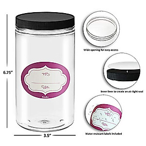 DilaBee 32 Oz Plastic Jars with Lids and Labels - 6 Pack Clear Storage Containers with Airtight Lids for Food, Kitchen Pantry, Home Organization and More