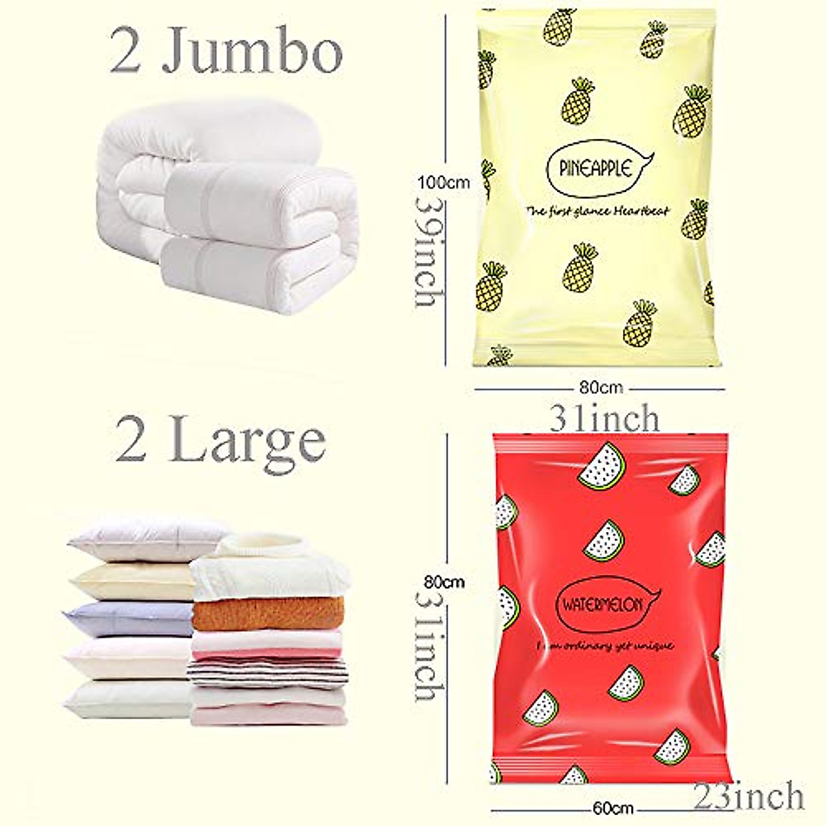 Vacuum Storage Bags - 4 Pack(2 x Large, 2 x Jumbo) Space Saver Bags with Pump