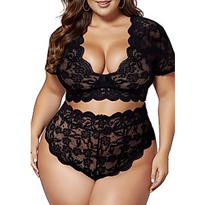 Plus Size 2 Piece Lingerie Set for Women Sexy Deep V Allover Lace Bra and Panty High Waist Nightwear Clubwear (T005,Black,3XL)