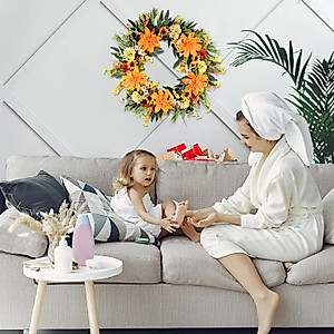 TechKen Door Wreath for Spring Summer Dahlia Wreath with Blossom Yellow & Orange Farmhouse Wreath on Grapevine for Front Door, Wall, Window Wreath 22-24inch