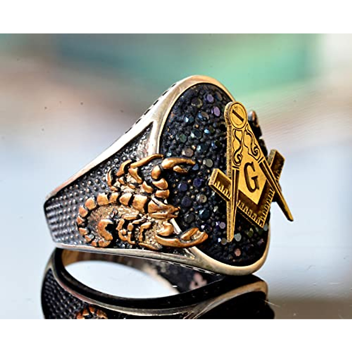 Handcrafted 925 Sterling Silver Men's Freemason Scorpion Ring with Black Agate Gemstone, Masonic Gold Plated King Signet Design, Unique Sterling Silver Ring