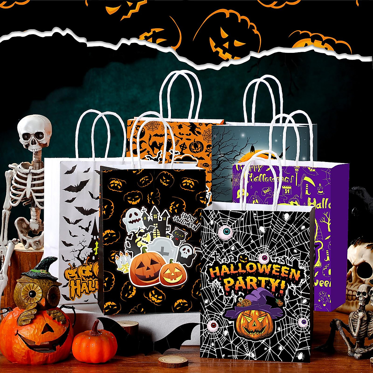 Sinload 24 Pcs Halloween Trick or Treat Bags with Handles Paper Candy Gift Bags Halloween Goodie Bags Halloween Paper Snacks Bags for Holiday Treats Kids Halloween Party Favors Supplies