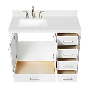 ARIEL Cambridge 42 Inch Bathroom Vanity with Sink, White Bathroom Vanity, Solid Wood Vanity Base Cabinet, Carrara White Quartz 1.5" Edge, Rectangular Single Sink, 2 Soft Closing Doors, 5 Drawers
