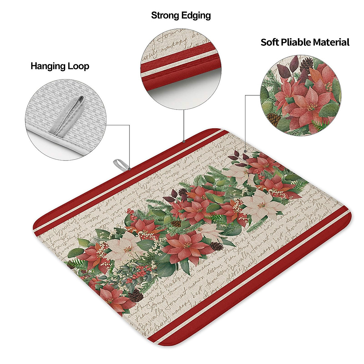 Christmas Poinsettia Dish Drying Mat for Kitchen Counter, Microfiber Rack Pads, Red Pink Xmas Botanical Vintage Absorbent Dish Bottle Drying Mat, 18''x24'', 2 Pack