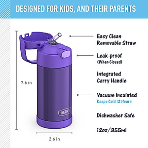 THERMOS FUNTAINER Water Bottle with Straw - 12 Ounce, Violet - Kids Stainless Steel Vacuum Insulated Water Bottle with Lid