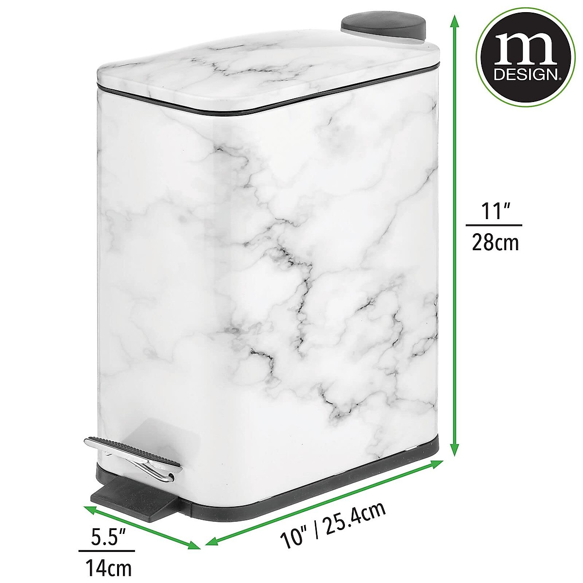 mDesign Slim Metal Rectangle 1.3 Gallon/5 Liter Trash Can with Step Pedal, Easy-Close Lid, Removable Liner - Narrow Wastebasket Garbage Container Bin for Bathroom, Bedroom, Kitchen - White Marble
