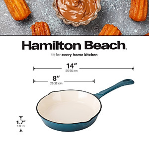 Hamilton Beach Enameled Cast Iron Fry Pan 8-Inch Navy, Cream Enamel coating, Skillet Pan For Stove top and Oven, Even Heat Distribution, Safe Up to 400 Degrees, Durable