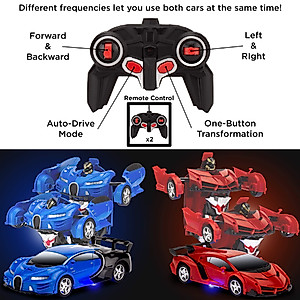 Best Choice Products Set of 2 1/18 Scale Interactive RC Remote Control Transforming Drifting Robot Sports Car Action Figure Toys w/ 1 Button Transformation, Light and Sounds