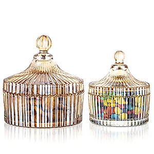 Glass Candy Dish with Lid European Style, Candy Jar Yurt, Glass Food Storage Organization Containers Bowls for Decorative Flour Cookie and Sugar, Amber, Small+Large