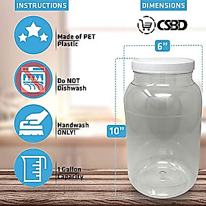 CSBD 1-Gallon Clear Plastic Jars With Ribbed Liner Screw On Lids, BPA Free, PET Plastic, Made In USA, Bulk Storage Containers 2-Pack (1-Gallon)