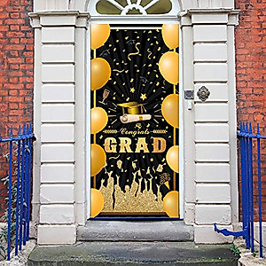 Mocossmy Graduation Door Banner 2022,Large Black Gold Congrats Grad Banner Door Covers Graduation Porch Sign Photo Booth Props Backdrop for Photography High School College Graduation Party Decoration