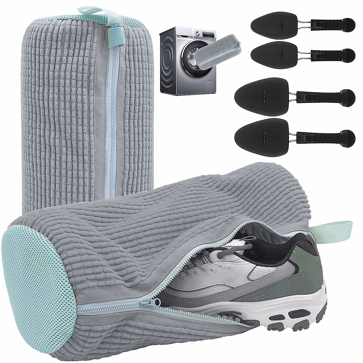 Shoe Washing Machine Bag, 360°All-around Cleaning Shoe Laundry Bag.2 Pairs Adjustable Shoe Trees;Upgraded Durable YKK Zippers; 12000+ Fluffy Fibers for Machine Washable Sneakers,etc. (Gray)