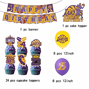 𝓛𝓪𝓴𝓮𝓻𝓼 Kobe Birthday Party Decorations 23 Basketball Party Supplies Includes Cake Cupcake Toppers Balloons Banner for Men Girls Boys