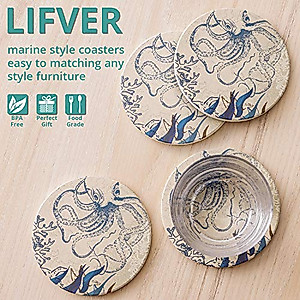 LIFVER Absorbent Stone Coasters with Holder, Coasters for Drinks and Cork Baking, Octopus On World Map Novelty Design, Set of 6
