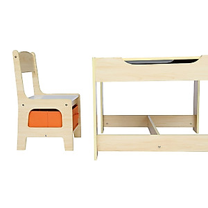Guangshuohui Wood Table & 2 Chairs Set, 3 in 1 Activity Table w/Storage, Removable Tabletop, Blackboard, 3-Piece Furniture Set for Art, Crafts, Drawing, Reading, Playroom (Wood Color)