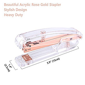 Unime Rose Gold Stapler Acrylic Desktop Stapler with 1000 PCS Rose Gold Staples and 10 Pieces Blinder Clips for Office School Home Accessory