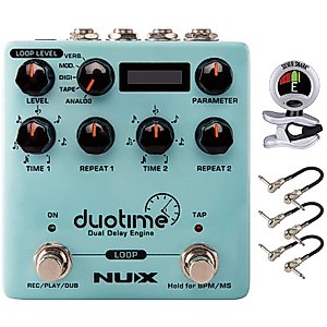 NUX Duotime Stereo Delay Pedal Bundle with Silver Snark Tuner and 3 MXR Patch Cables