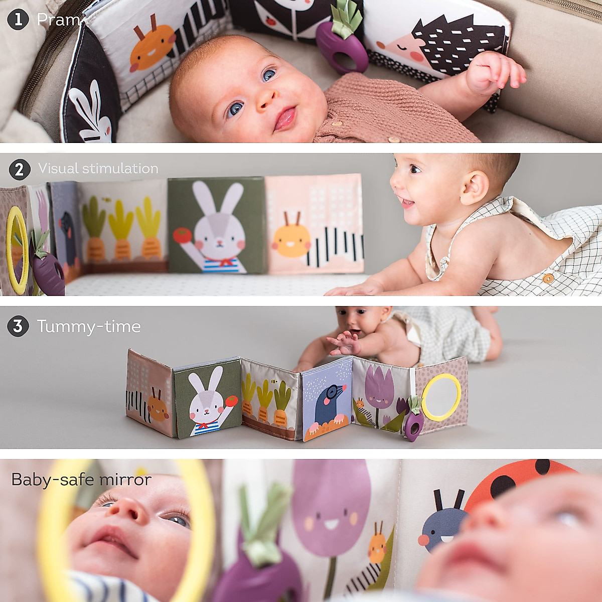 Taf Toys Urban Garden Soft Cloth Newborn Book, Crinkle Baby Book. High Contrast Sensory Toys. Early Education Activity Toy. Infant Tummy Time Toys. Multi-Sensory Textures and a Baby-Safe Mirror