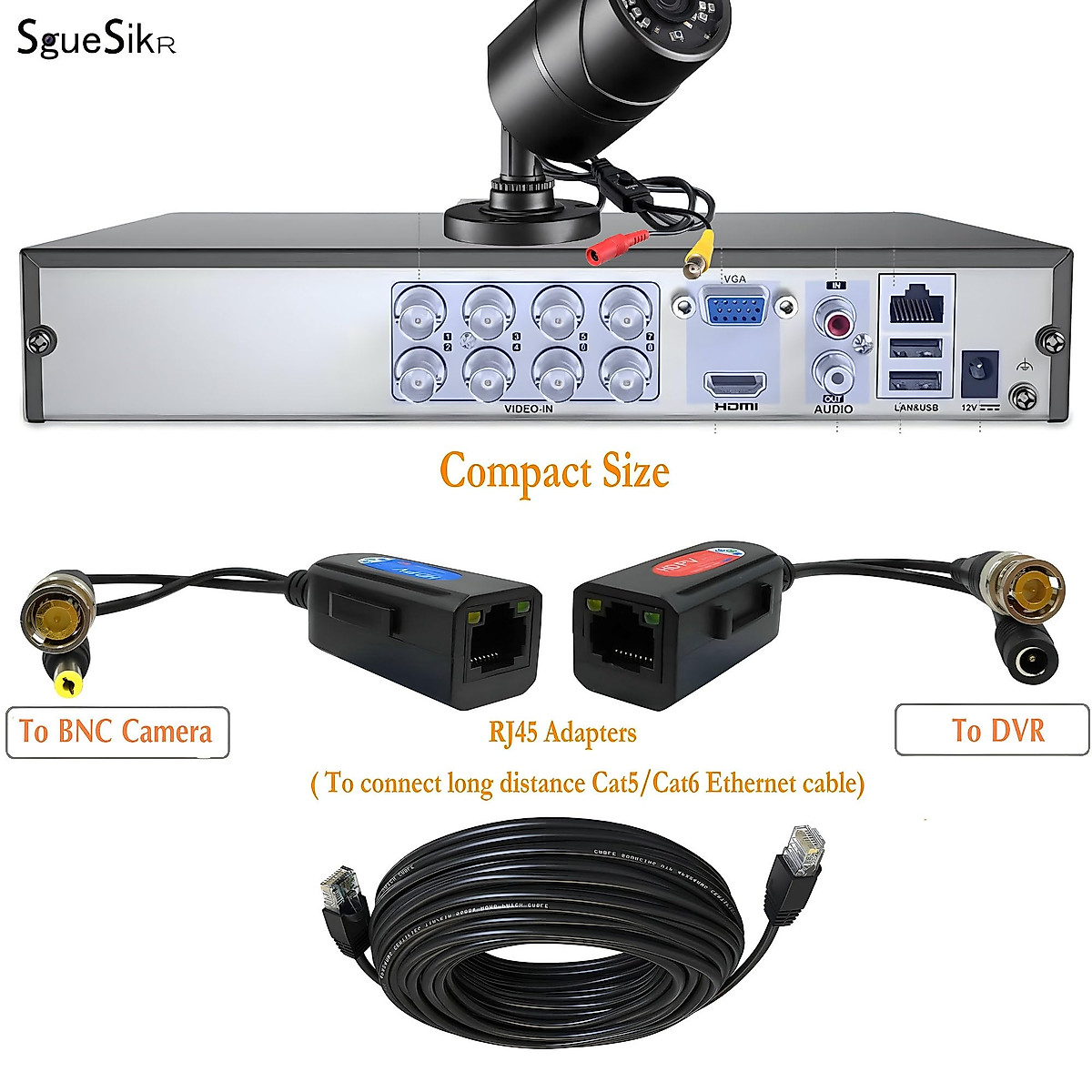 SGUESIKR 4 Pair BNC to RJ45 Passive Video Balun with Power, Cat5e/Cat6 to BNC Adapter, 1080P-8MP Analog Surveillance Camera Ethernet Cable Transceiver - Compact, Ground-Loop Isolated
