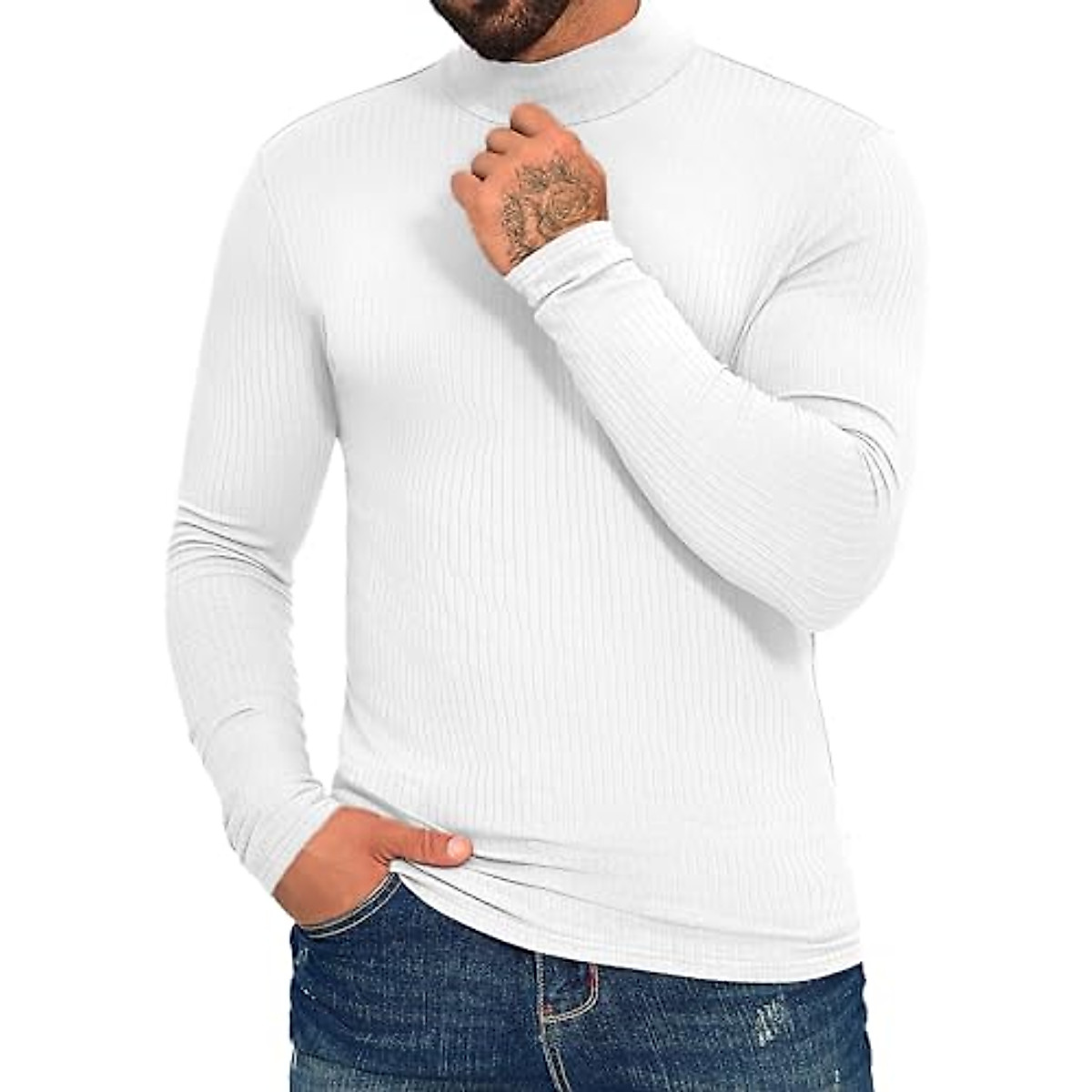 ZAFUL Mens Long Sleeve Mock Turtleneck T-Shirts Casual Thermal Pullover Top Slim Fit Stretch Basic Undershirt White M