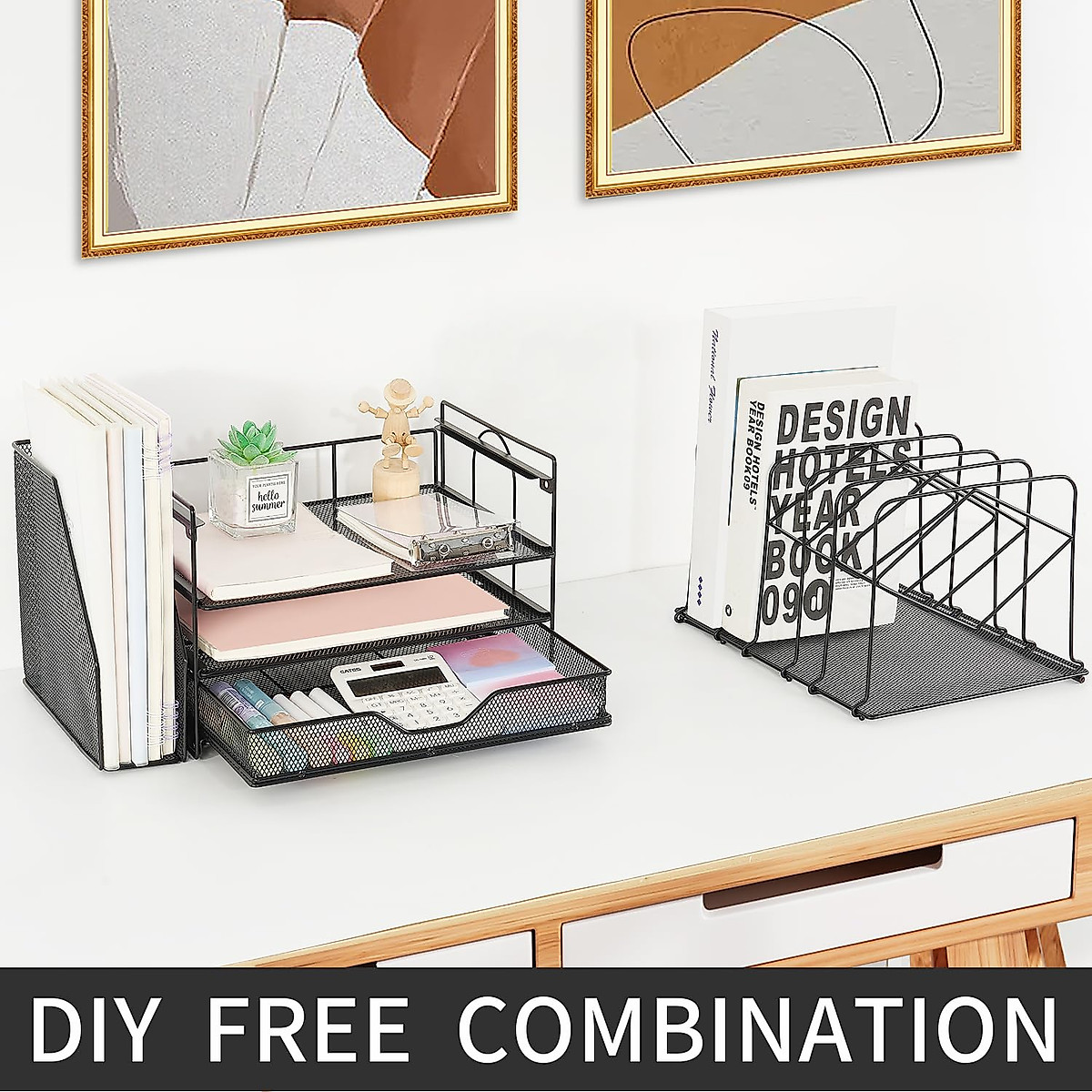 Spacrea Modern Minimalist Black 4-Tier Letter Trays Paper Organizer with File Holder and Drawer, Desk Accessories