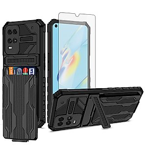 Asuwish Phone Case for Oppo A54 4G with Tempered Glass Screen Protector Cover and Slim Credit Card Holder Stand Hybrid Mobile Slot Kickstand Film Rugged Cell Accessories CPH2239 Women Men Black