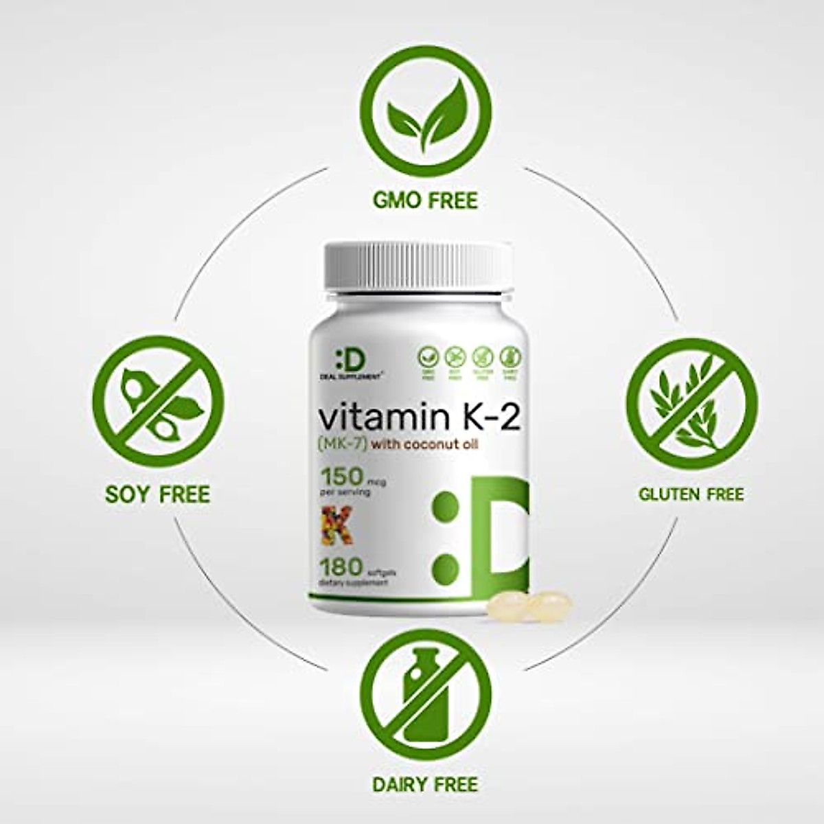 Vitamin K2 MK-7 with Virgin Coconut Oil, 180 Softgels - Vitamin K2 as Menaquinone-7 150 mcg | Advanced Vitamin K Supplement - Promotes Bone Health, Non-GMO, No Gluten