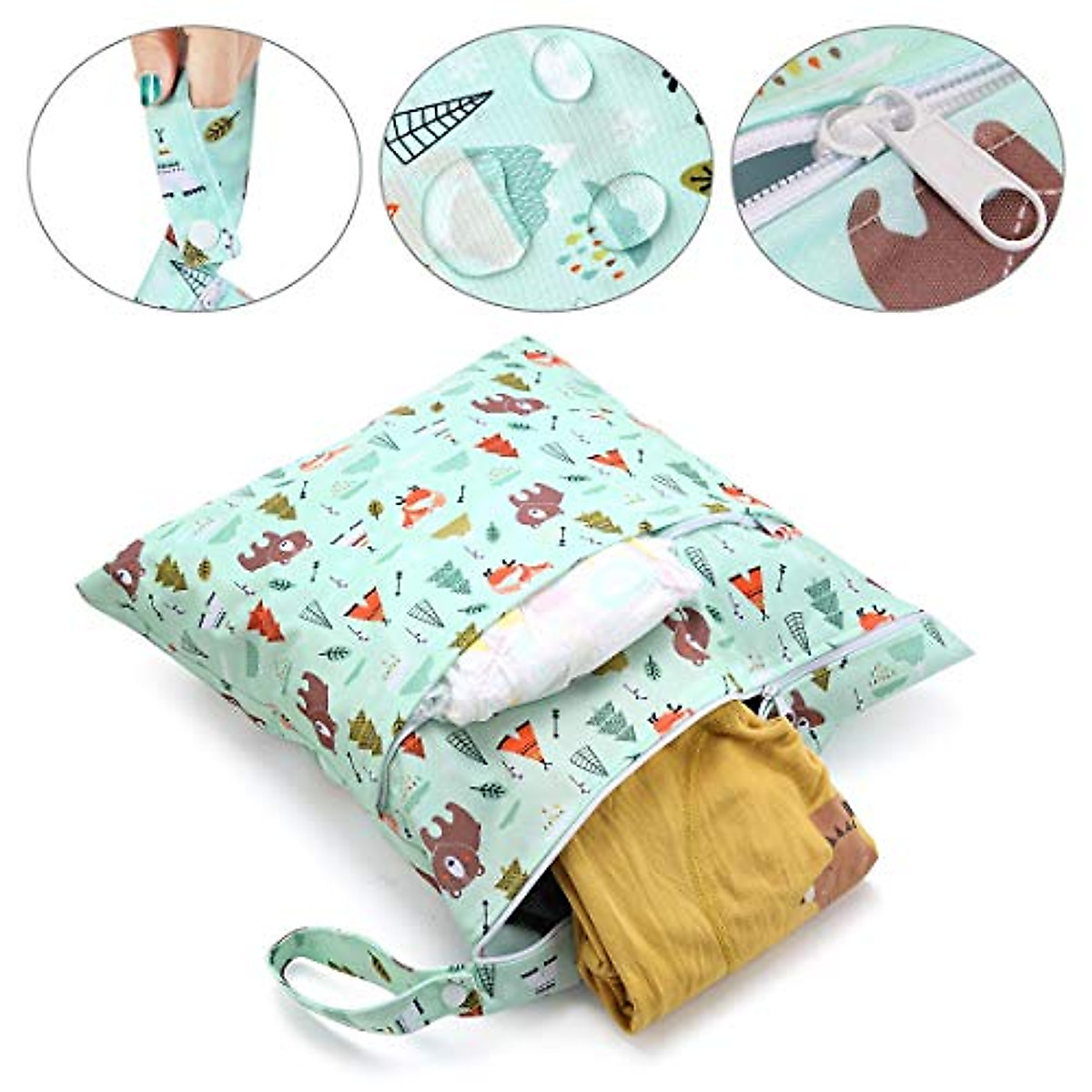 CeeKii Wet Dry Cloth Diaper Bags 3 Pack Washable Travel Bags, Waterproof Wet Bag, Baby Reusable Beach Pool Gym Bag for Swimsuits and Wet Clothes with Zippered Pocket and Snap Handle (Green)