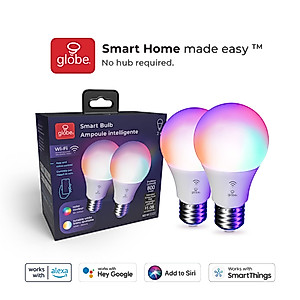 Globe Electric 34207 Wi-Fi Smart 10 Watt (60W Equivalent) Multicolor Changing RGB Tunable White Frosted LED Light Bulb 2-Pack, No Hub Required, Voice Activated, 2000K - 5000K, A19 Shape, E26 Base